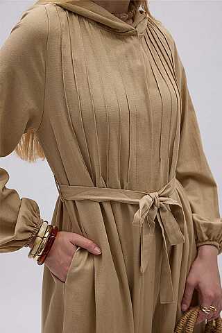 Kapüşonlu Nevürlü Elbise Camel | Zülays